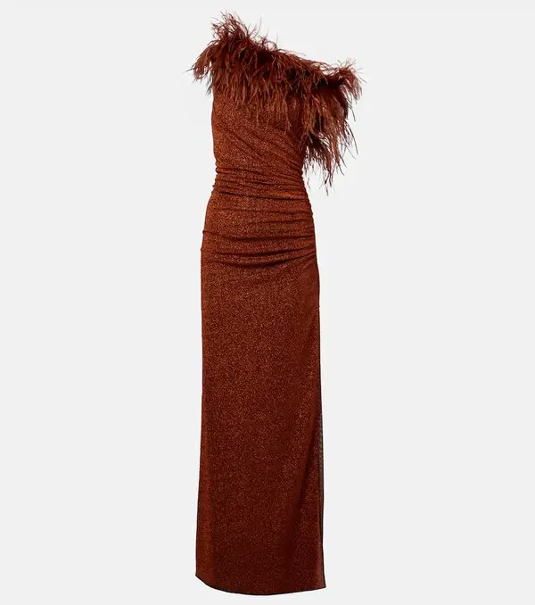 Oseree Feather Embellished Metallic Maxi Dress