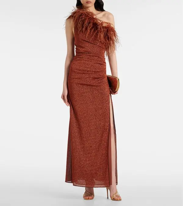 Oseree Feather Embellished Metallic Maxi Dress