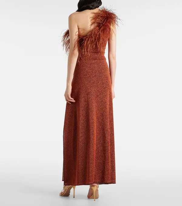 Oseree Feather Embellished Metallic Maxi Dress