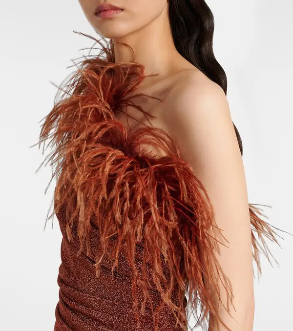 Oseree Feather Embellished Metallic Maxi Dress