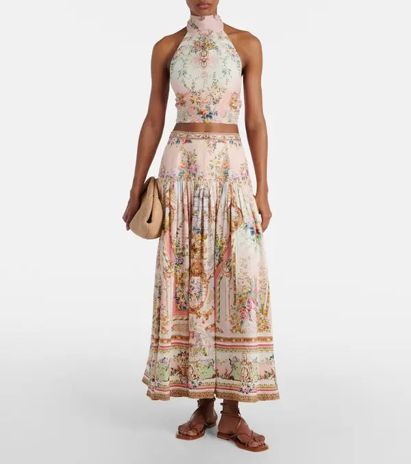 Camilla Halterneck Linen And Silk Crop Top - Multicoloured