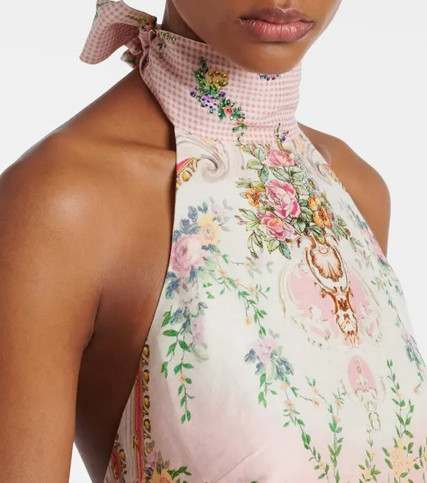 Camilla Halterneck Linen And Silk Crop Top - Multicoloured