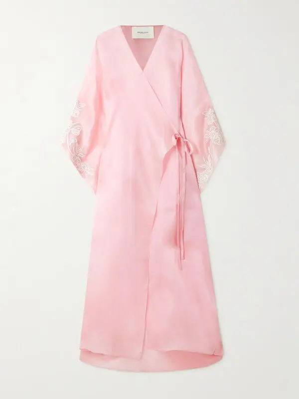 SHATHA ESSA Sequin-embellished Embroidered Silk Wrap Gown - Pink