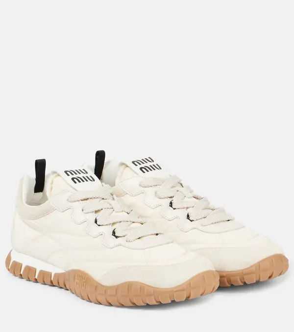 Miu Miu Lace-up Suede-trimmed Sneakers - White