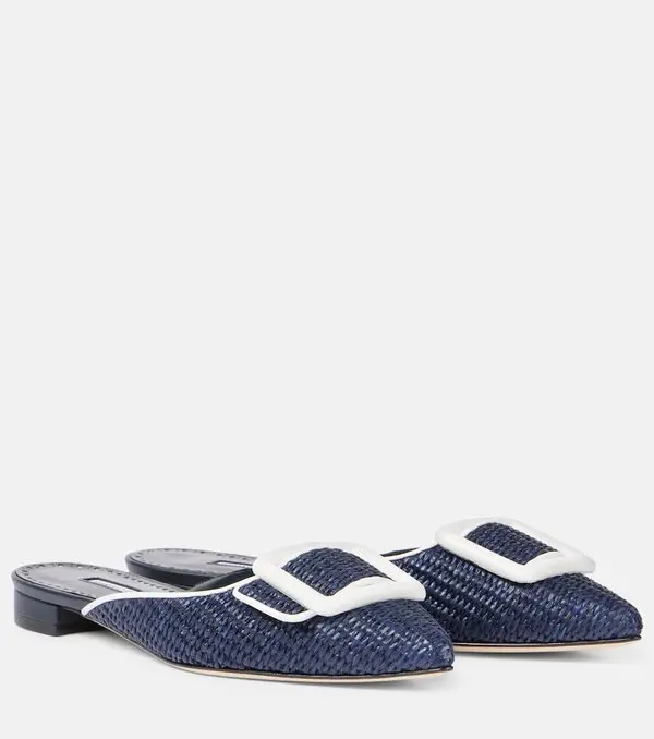 Manolo Blahnik Maysale Raffia Mules With Leather Trim - Blue