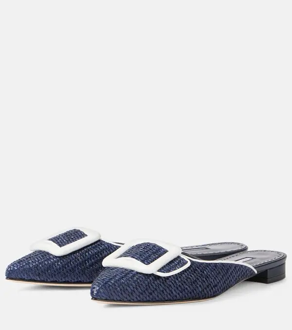 Manolo Blahnik Maysale Raffia Mules With Leather Trim