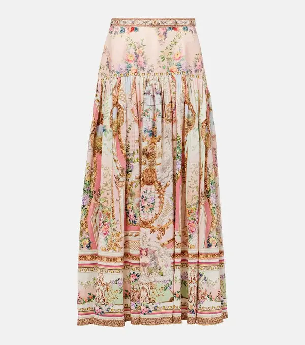 Camilla Gathered Linen And Silk Maxi Skirt - Multicoloured