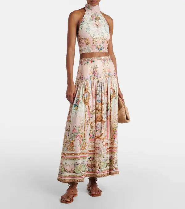 Camilla Gathered Linen And Silk Maxi Skirt