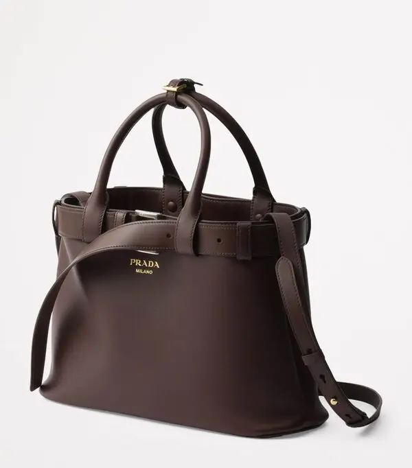 Prada Small Leather Buckle Tote Bag - Brown