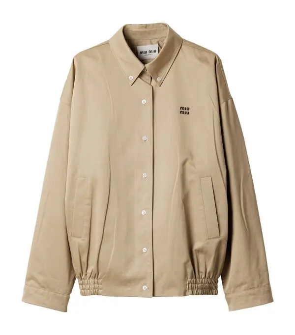 Miu Miu Cotton Chino Blouson Jacket With Logo Detail - Neutral
