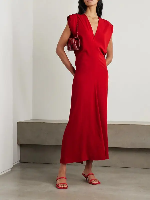 ST. AGNI Plunge Draped Crepe Maxi Dress - Red