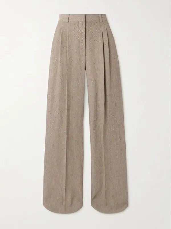 Loro Piana Nyack Pleated Herringbone Linen Wide-leg Trousers - Brown
