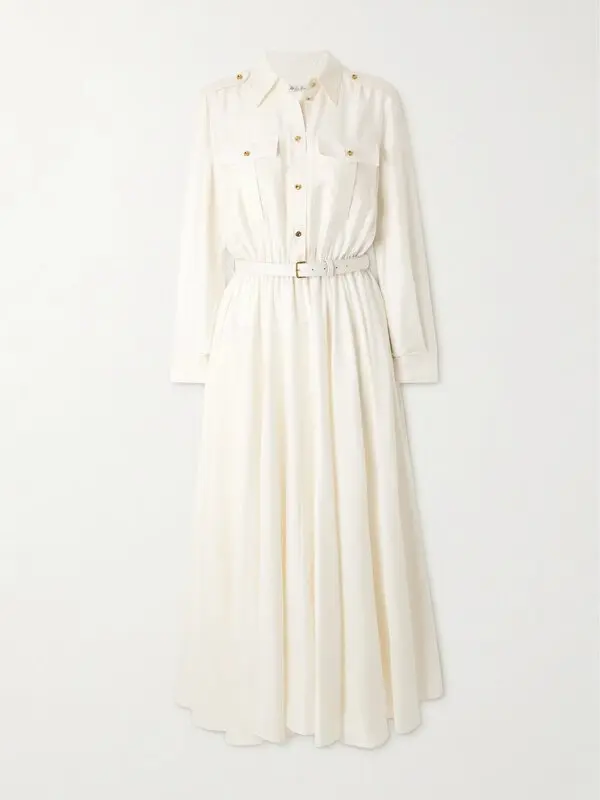 Loro Piana Lela Belted Leather-trimmed Silk-shantung Midi Shirt Dress - Neutrals
