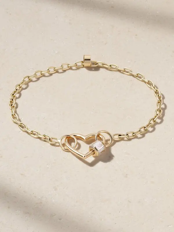 MARLA AARON 14 Karat Baguette Diamond Heart Lock Bracelet - Gold