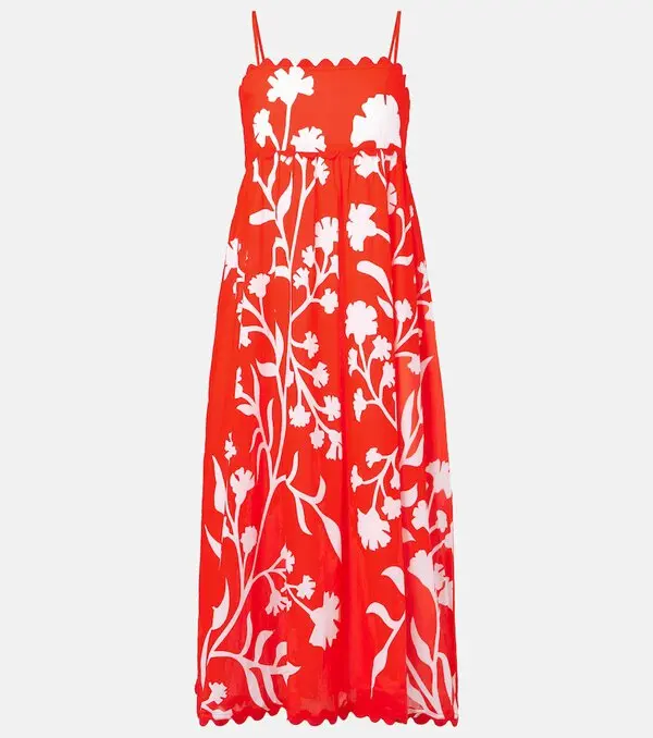 JULIET DUNN Printed Scalloped Cotton Midi Dress - Red