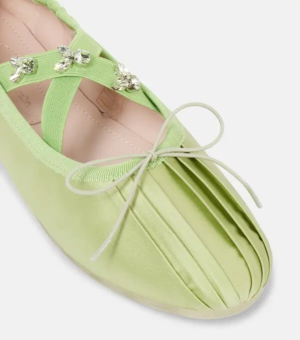 Simone Rocha Embellished Ballet Flats In Satin - Green