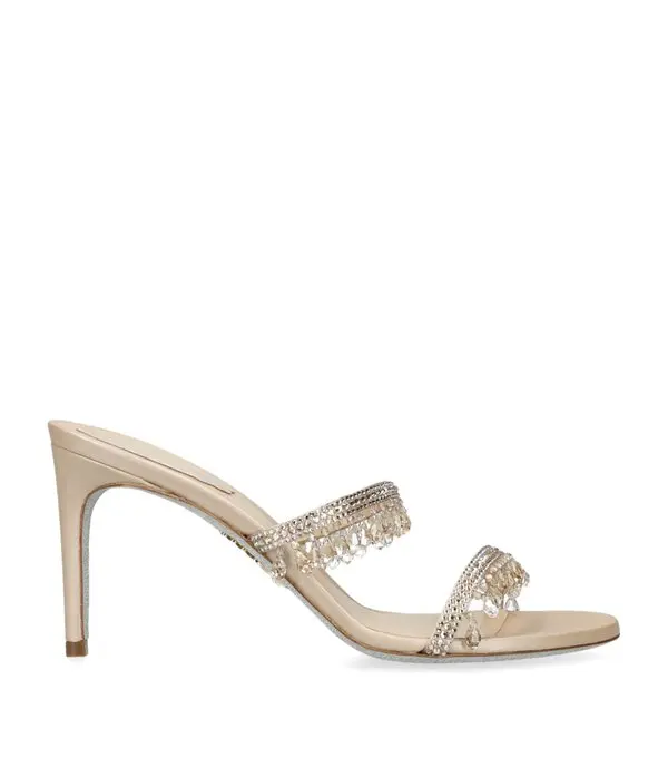 Rene Caovilla Leather Embellished Mules - Beige
