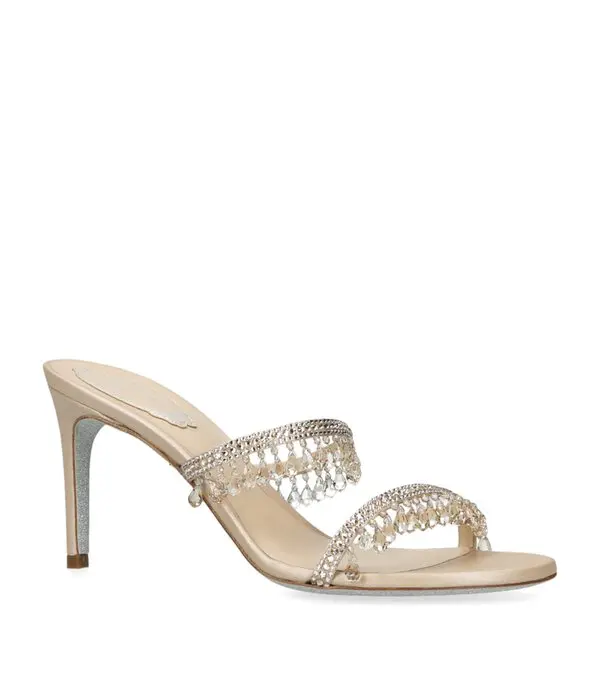 Rene Caovilla Leather Embellished Mules - Beige