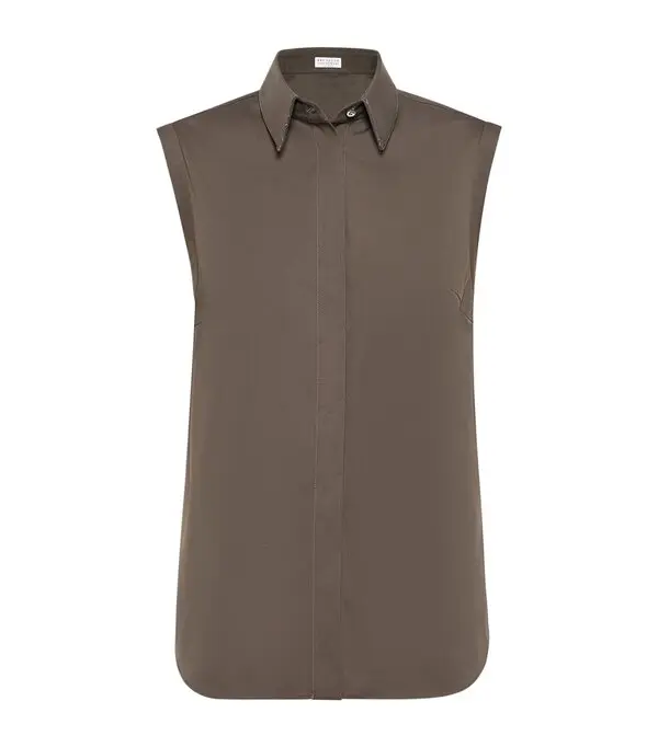 Brunello Cucinelli Sleeveless Shirt With Embellished Collar - Brown