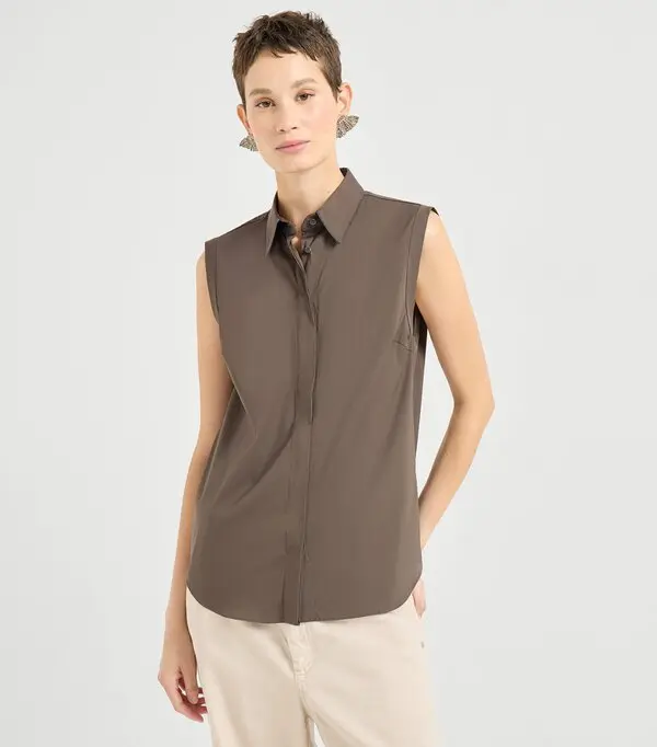 Brunello Cucinelli Sleeveless Shirt With Embellished Collar - Brown