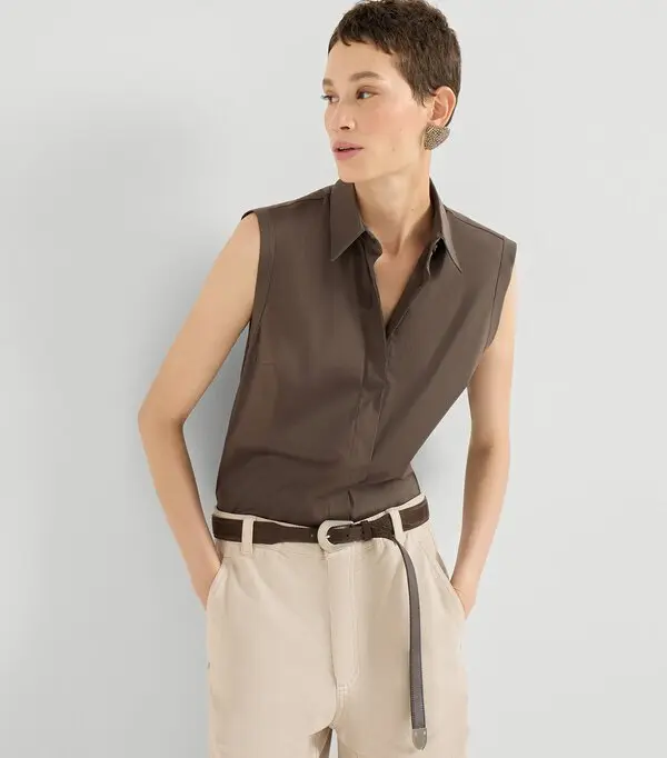 Brunello Cucinelli Sleeveless Shirt With Embellished Collar - Brown