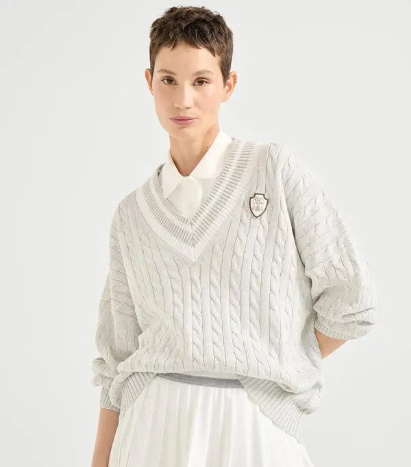 Brunello Cucinelli Cotton Cable Knit V-neck Sweater With Sequin Embellishment