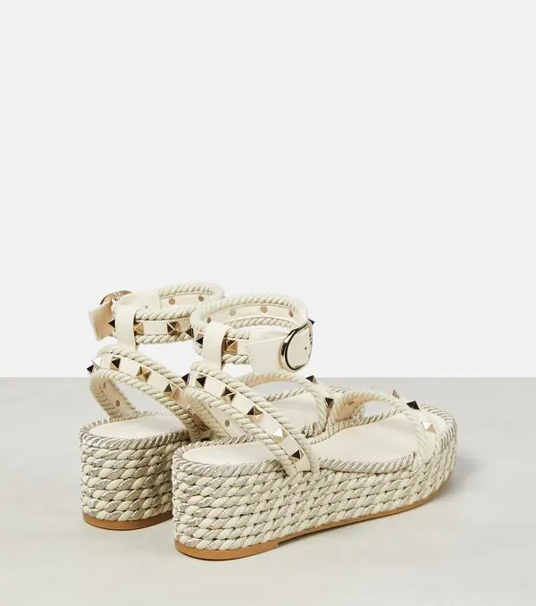 Valentino Garavani Rockstud Leather Wedge Espadrilles - White