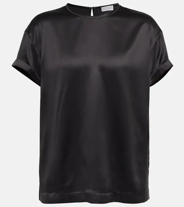 Brunello Cucinelli Embellished Silk-blend Satin T-shirt - Black