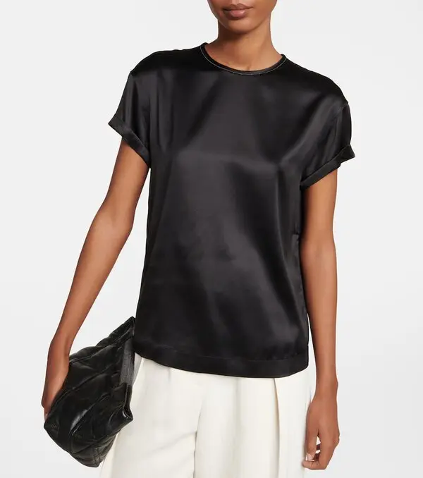 Brunello Cucinelli Embellished Silk-blend Satin T-shirt