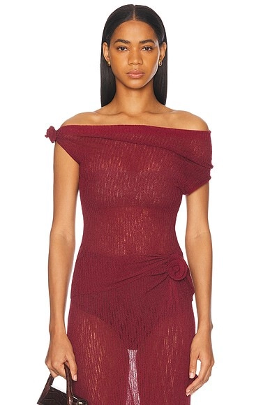 MAYGEL CORONEL Off-shoulder Sheer Knit Top With Floral Accents