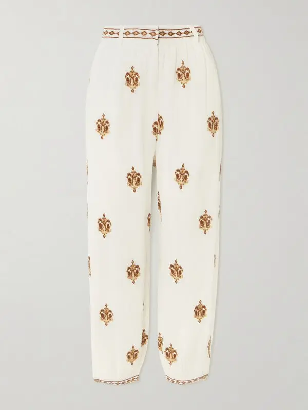 Farm Rio Embroidered Georgette Tapered Pants - Neutrals