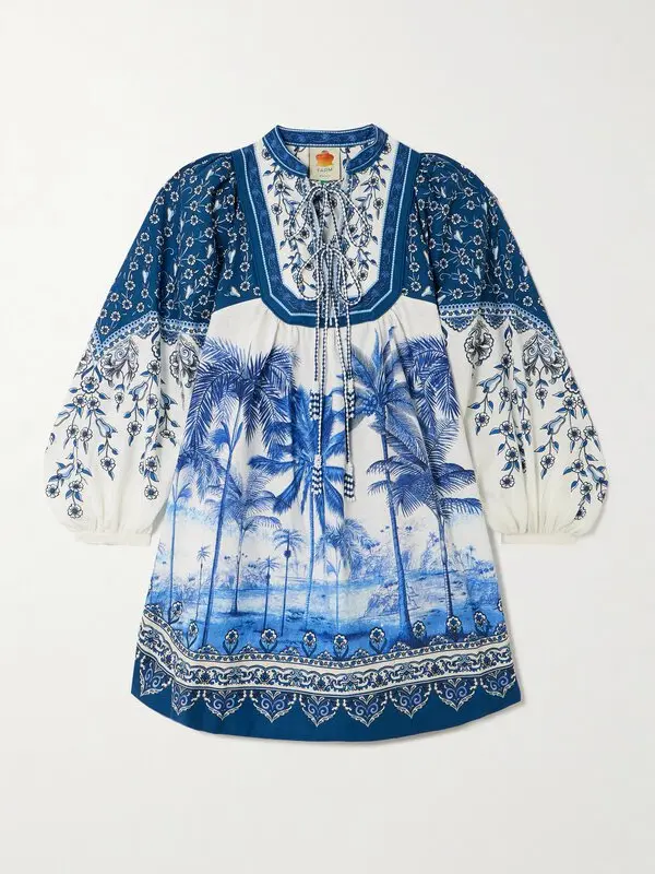 Farm Rio Palm Tree Beach Printed Linen-blend Mini Dress - Blue