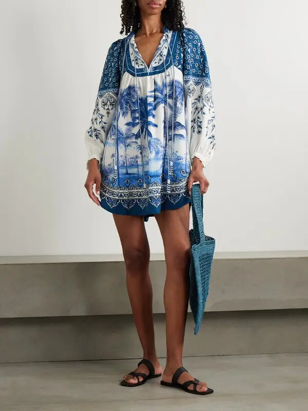 Farm Rio Palm Tree Beach Printed Linen-blend Mini Dress