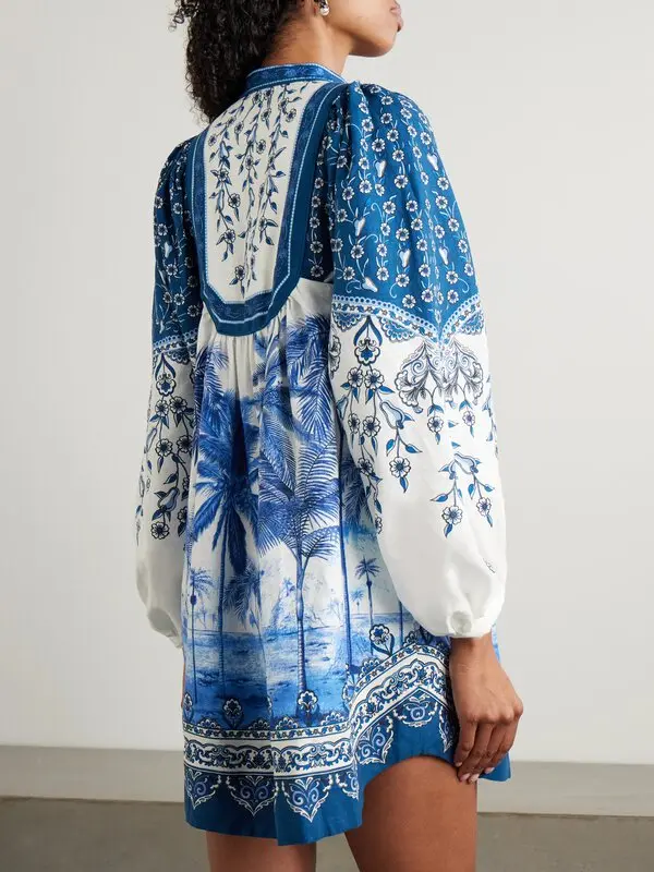Farm Rio Palm Tree Beach Printed Linen-blend Mini Dress