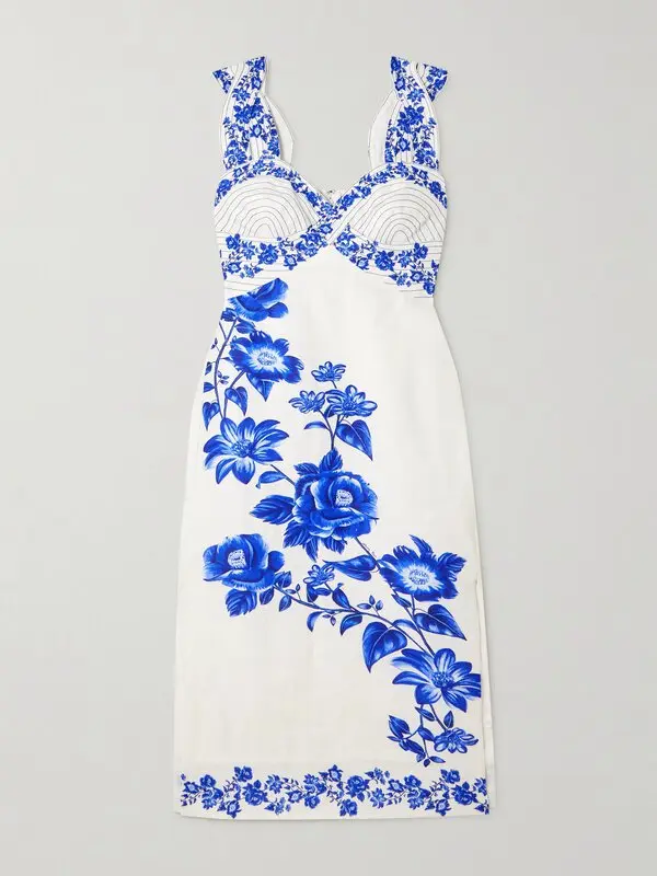 Farm Rio Shirred Printed Linen Midi Dress - Blue
