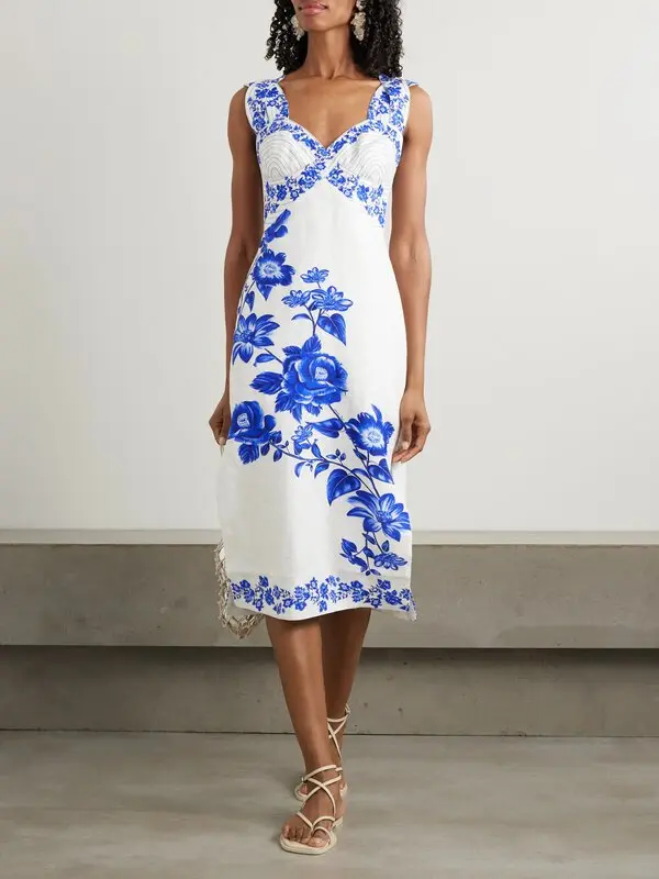 Farm Rio Shirred Printed Linen Midi Dress