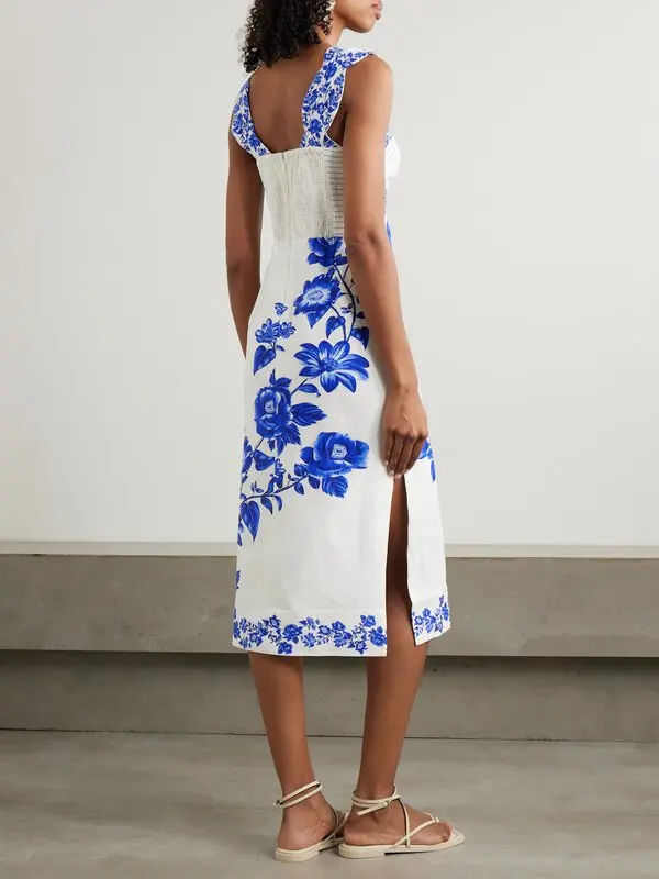Farm Rio Shirred Printed Linen Midi Dress