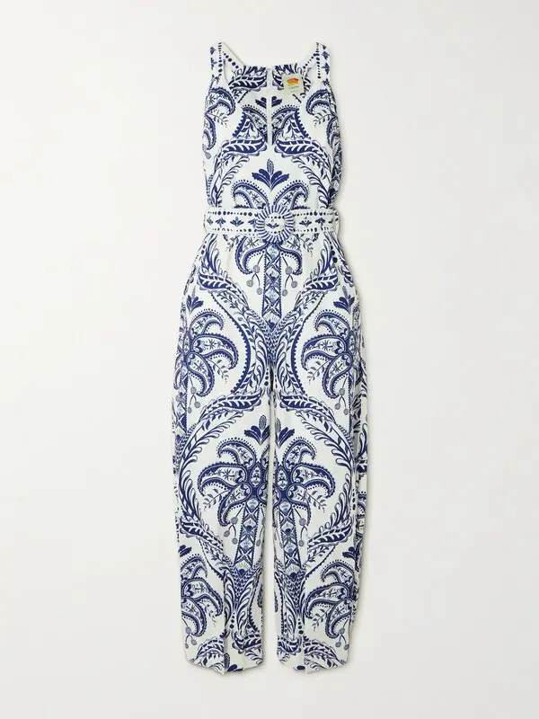 Farm Rio Belted Paisley Print Linen Jumpsuit