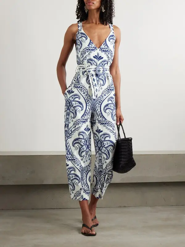 Farm Rio Belted Paisley Print Linen Jumpsuit