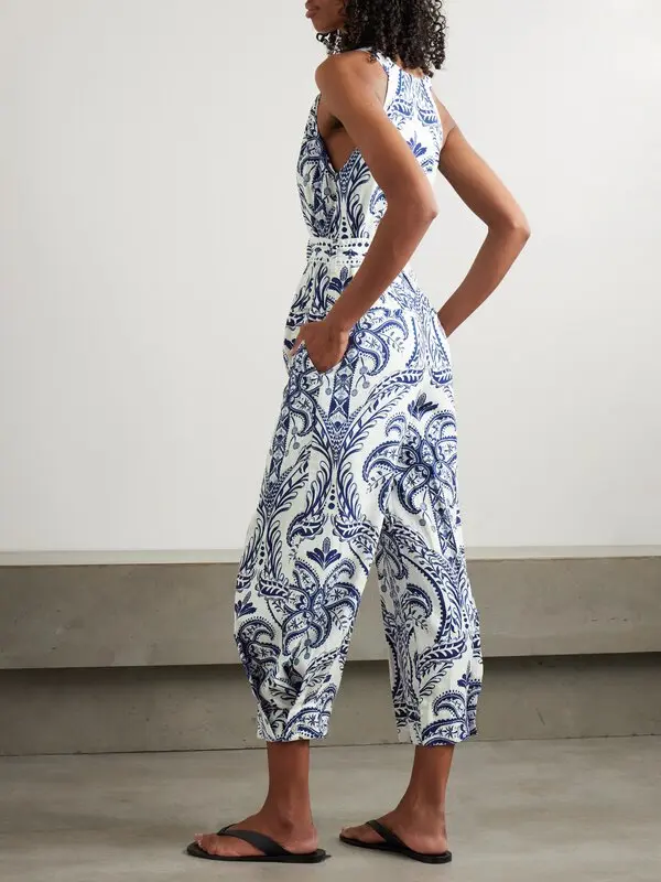 Farm Rio Belted Paisley Print Linen Jumpsuit