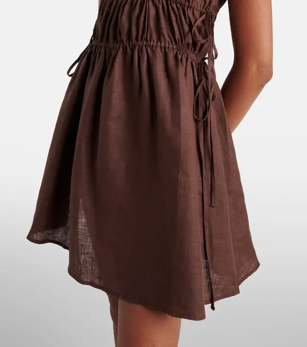 Asceno Gathered Linen Mini Dress - Brown