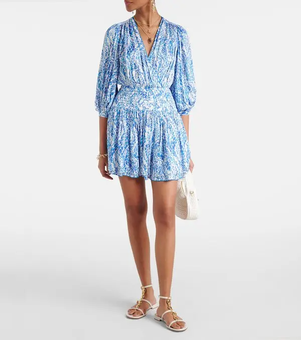 Poupette St Barth Shirred Printed Mini Dress