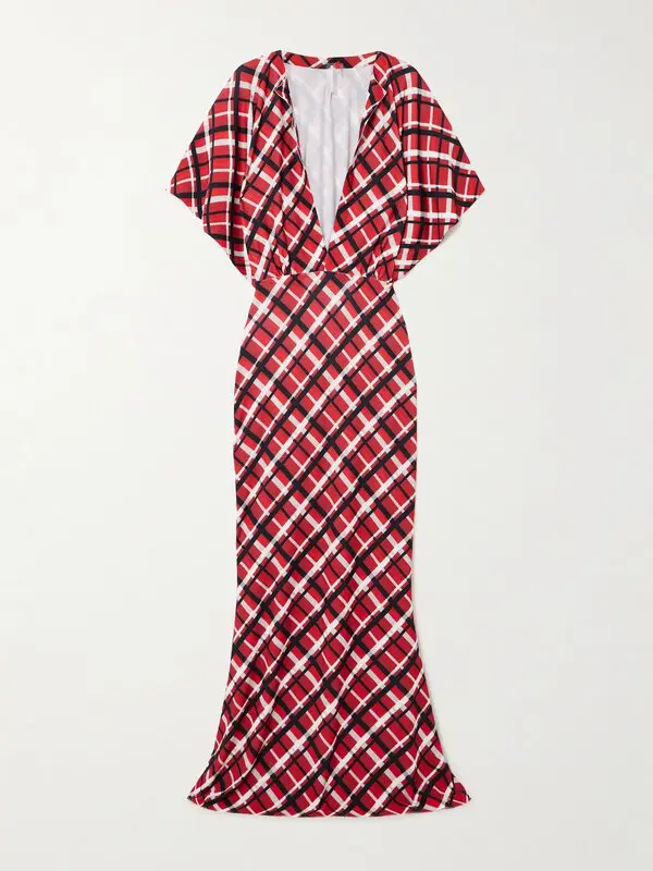 Norma Kamali Obie Checked Stretch-jersey Gown - Red
