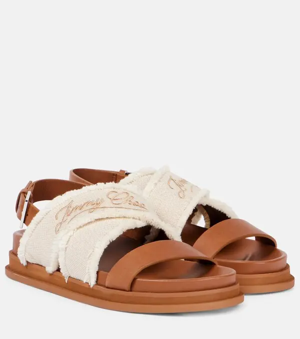 JIMMY CHOO Embroidered Canvas And Leather Sandals