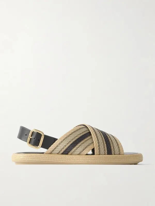 TOD'S Striped Raffia And Leather Slingback Sandals - Neutrals