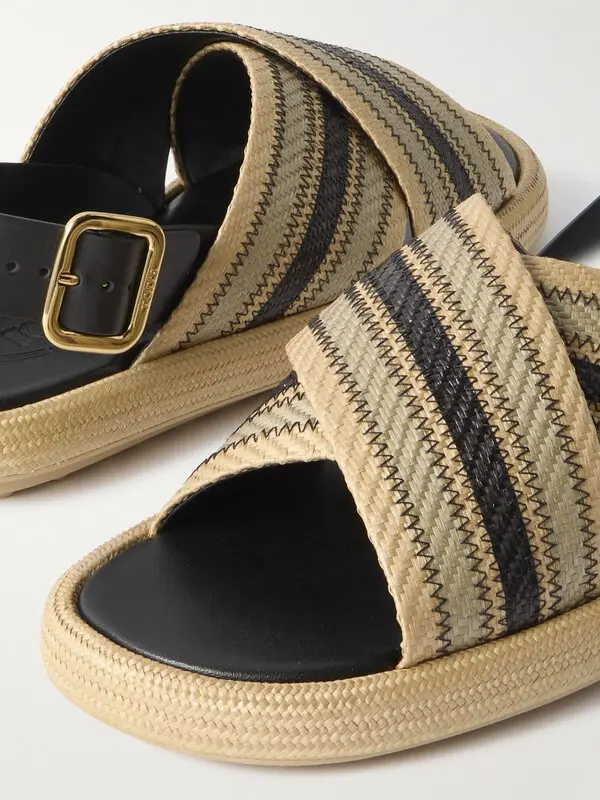 TOD'S Striped Raffia And Leather Slingback Sandals