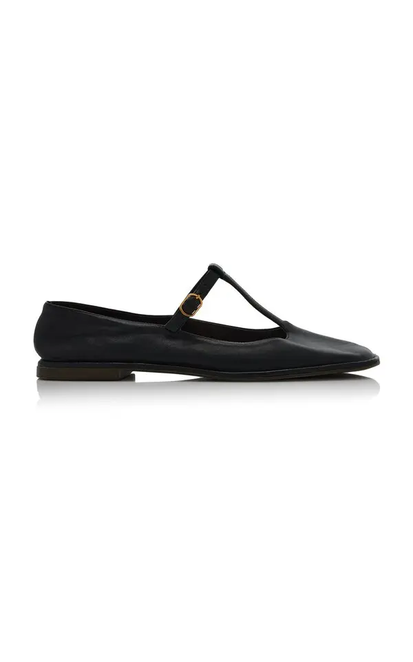 THE ROW T-strap Leather Mary Jane Flats - Black