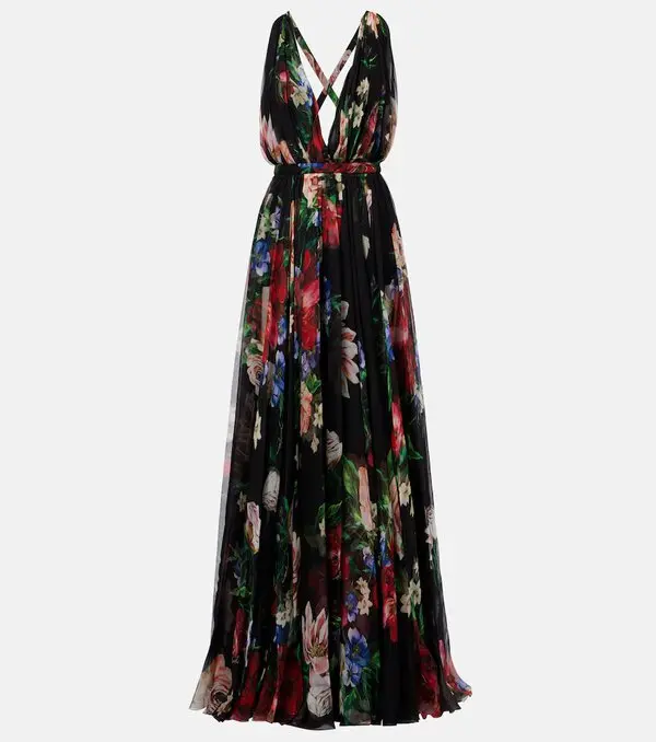 Dolce & Gabbana Floral Pleated Silk Chiffon Gown - Multicoloured