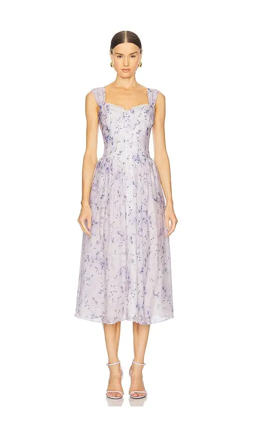 Bardot Midi Dress With Lace Trim - Blue