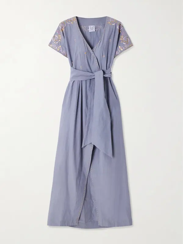 Thierry Colson Embellished Embroidered Maxi Wrap Dress - Blue